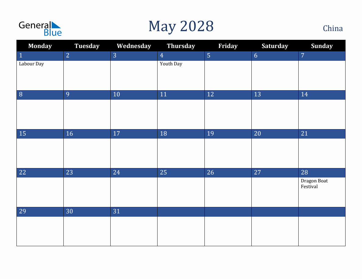 May 2028 China Holiday Calendar (Monday Start)