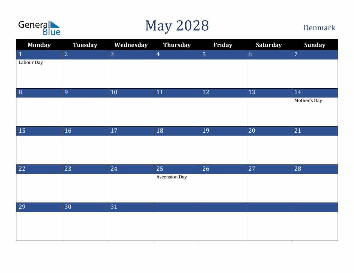 May 2028 Denmark Holiday Calendar (Monday Start)