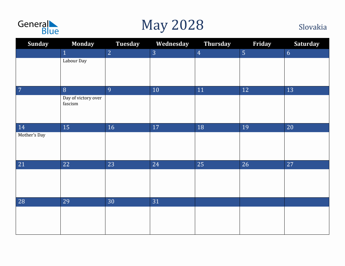 May 2028 Slovakia Holiday Calendar