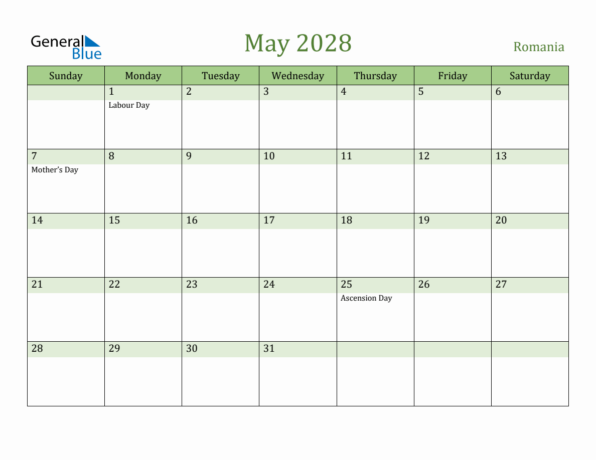 Fillable Holiday Calendar for Romania - May 2028
