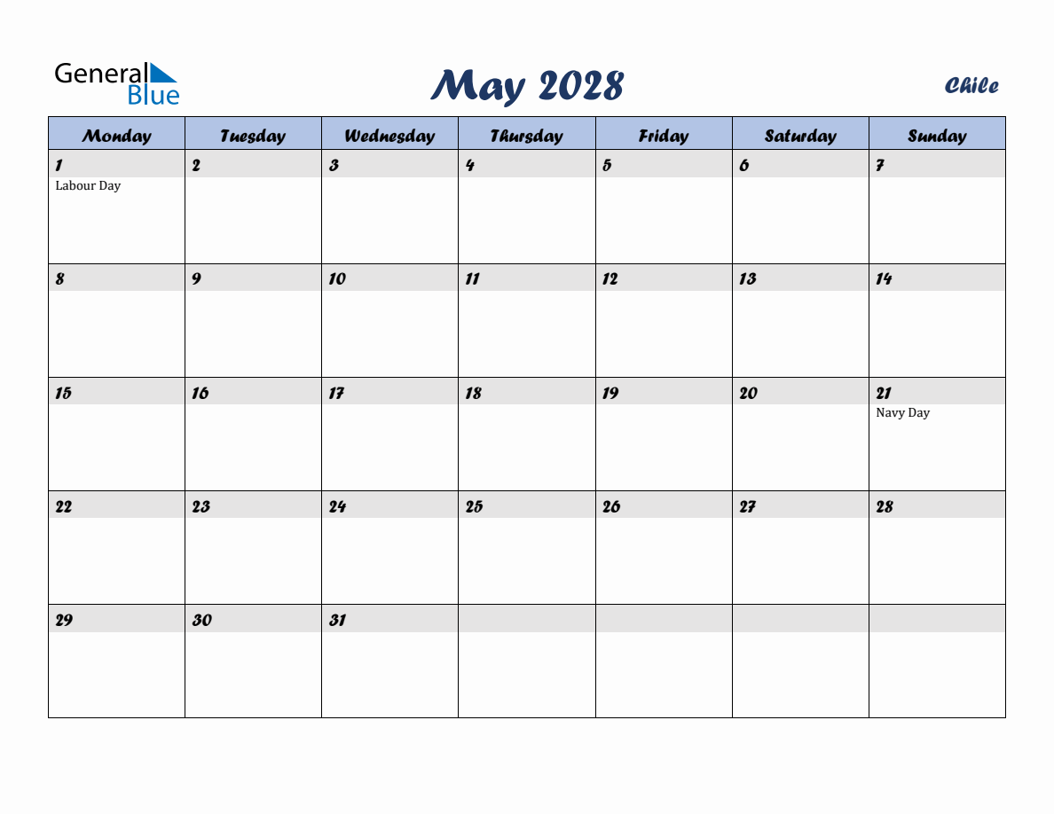 May 2028 Monthly Calendar Template With Holidays For Chile