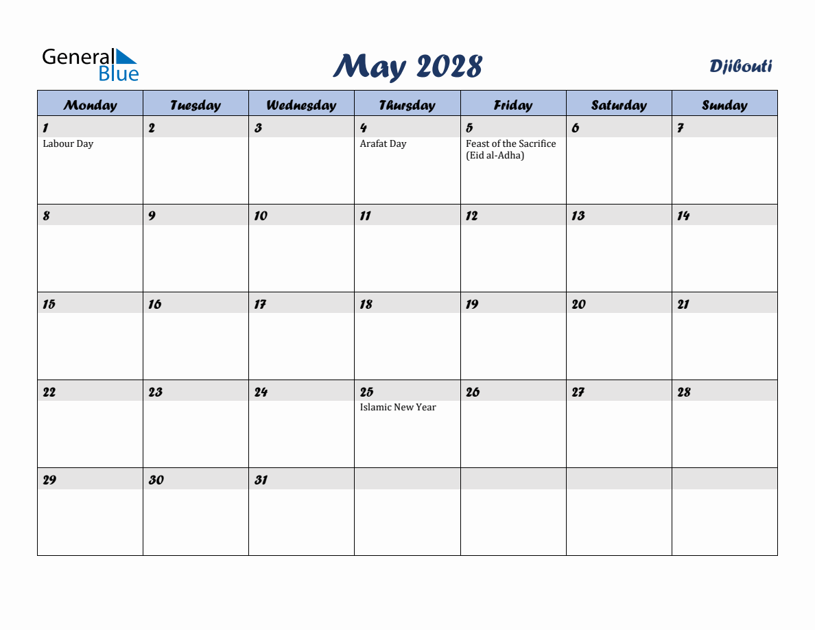 May 2028 Monthly Calendar Template with Holidays for Djibouti (Monday ...