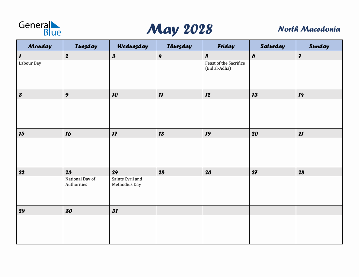 May 2028 Monthly Calendar Template with Holidays for North Macedonia ...