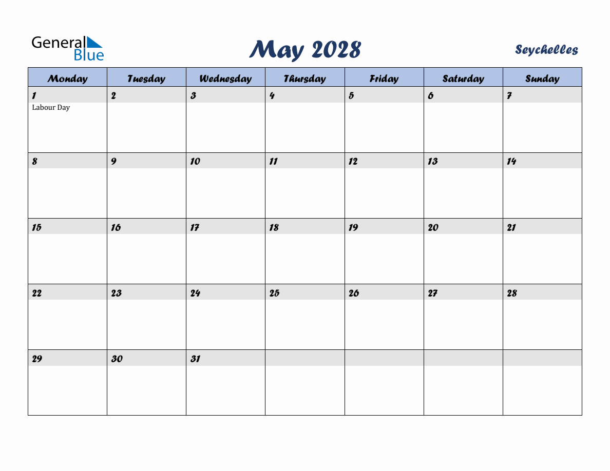 May 2028 Monthly Calendar Template with Holidays for Seychelles (Monday ...