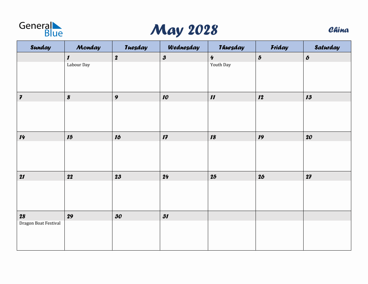 May 2028 Monthly Calendar Template with Holidays for China