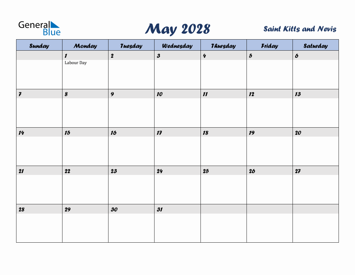 May 2028 Monthly Calendar Template with Holidays for Saint Kitts and Nevis