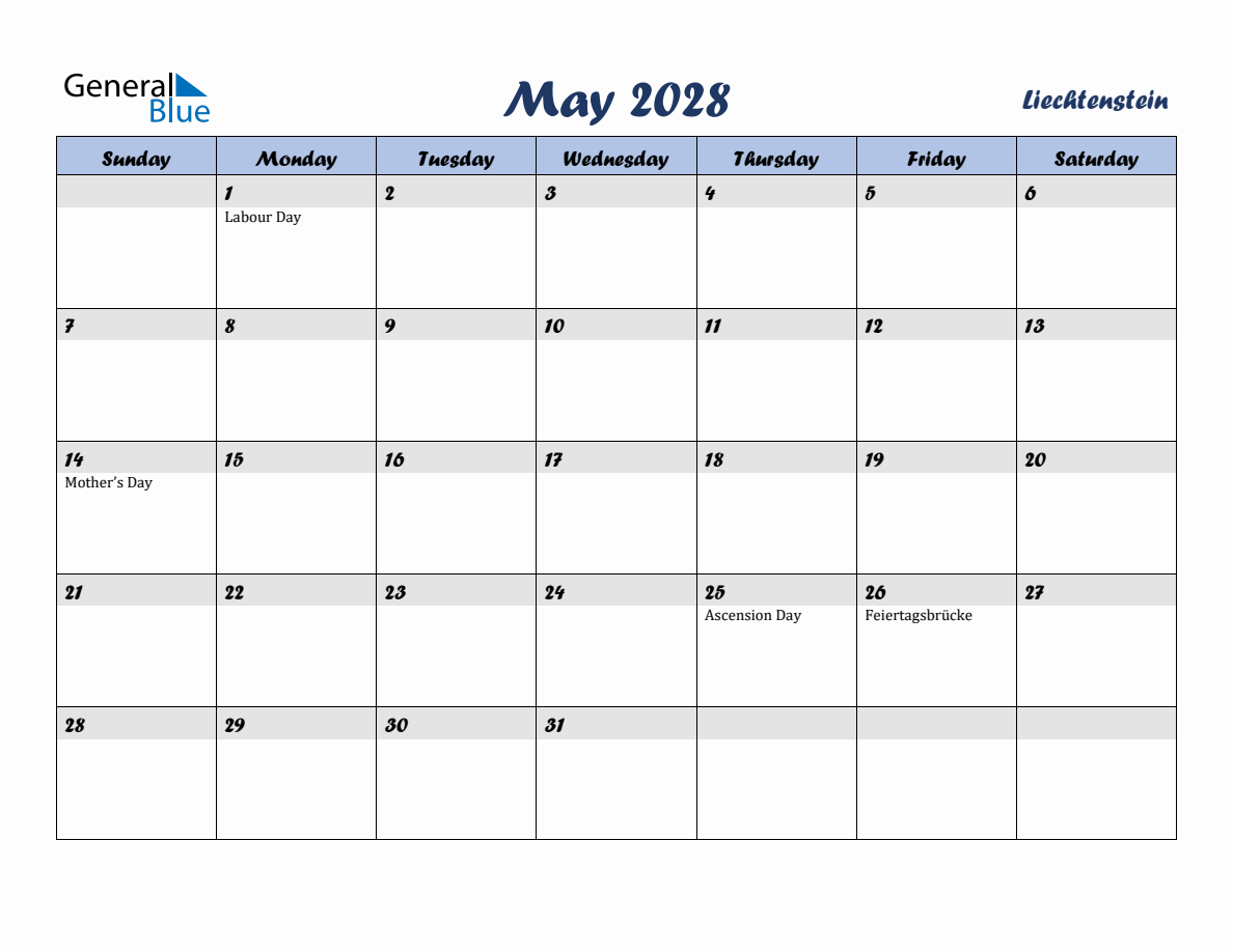 May 2028 Monthly Calendar Template with Holidays for Liechtenstein