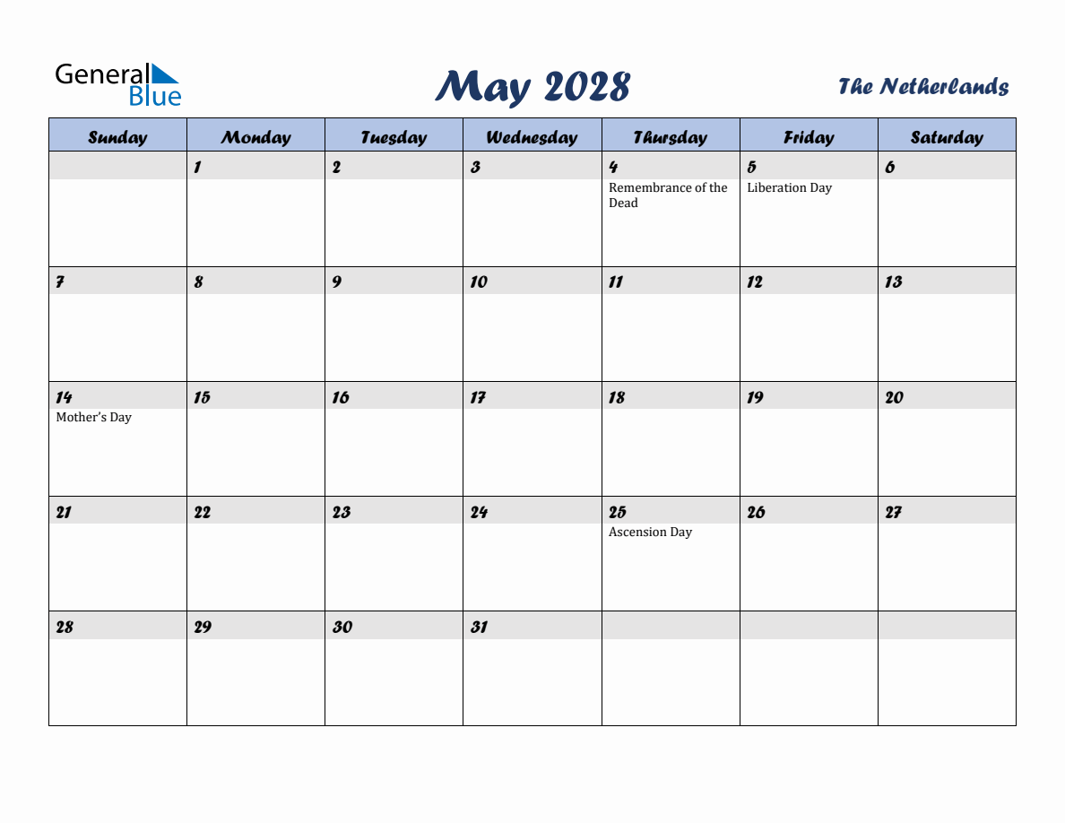 May 2028 Monthly Calendar Template With Holidays For The Netherlands