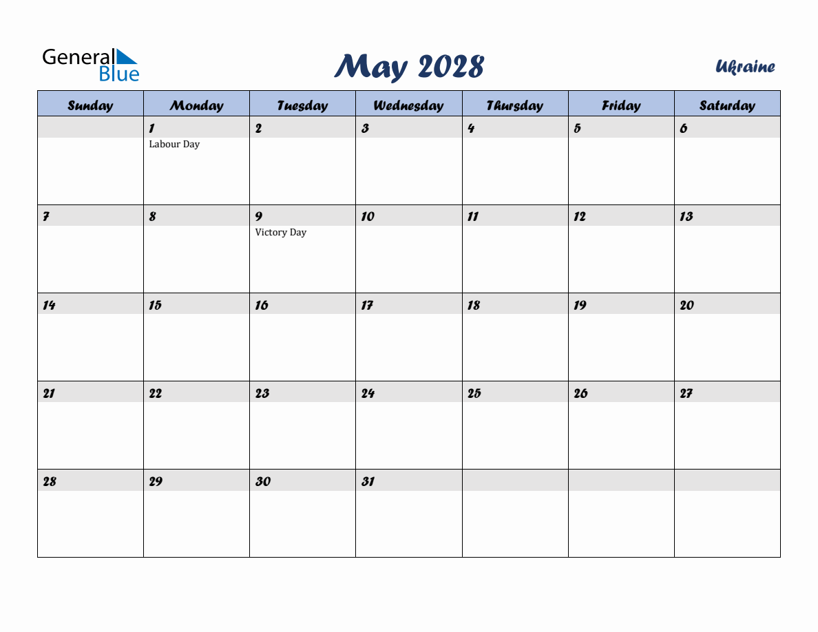 May 2028 Monthly Calendar Template with Holidays for Ukraine