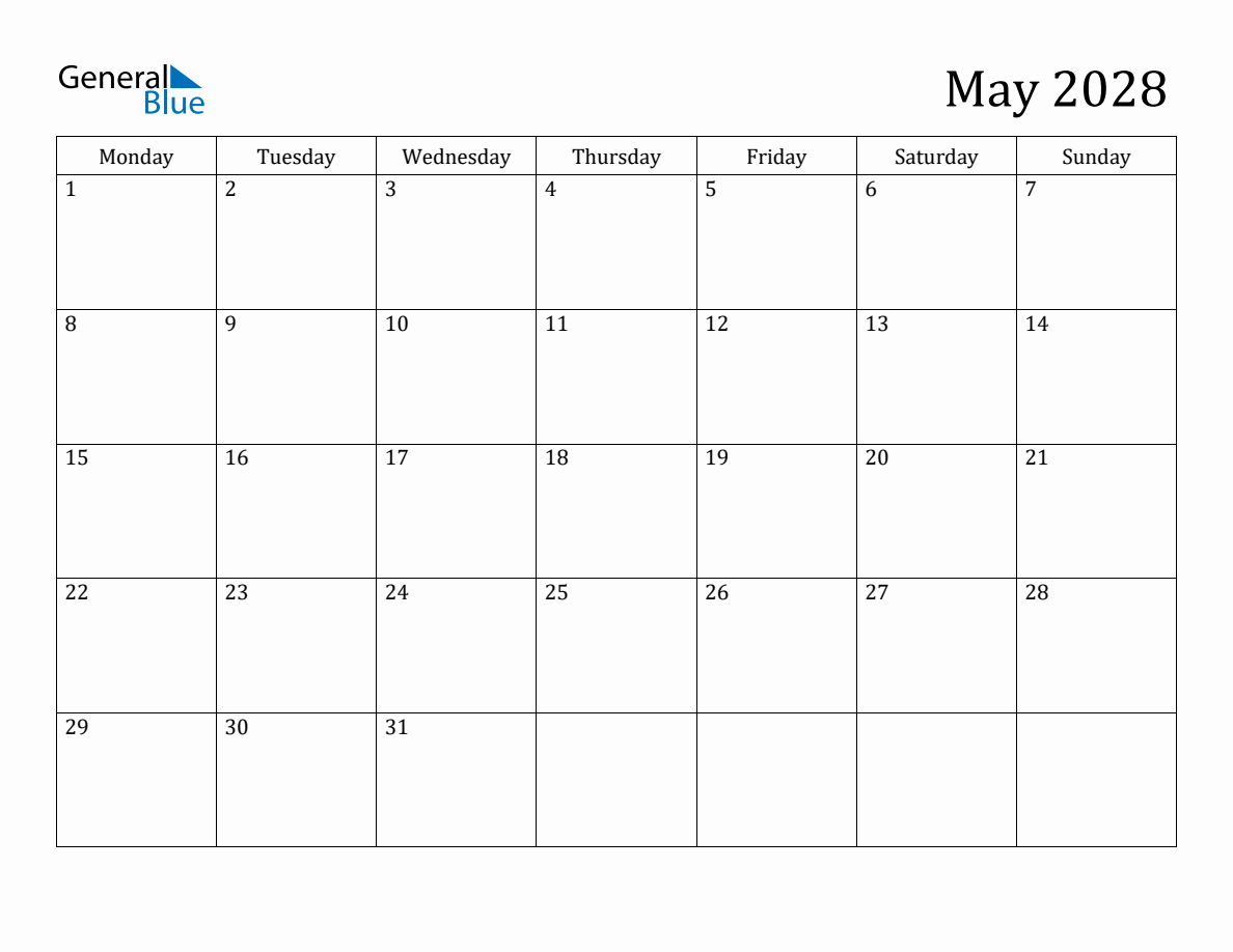 May 2028 Monday Start Calendar (PDF, Excel, Word)