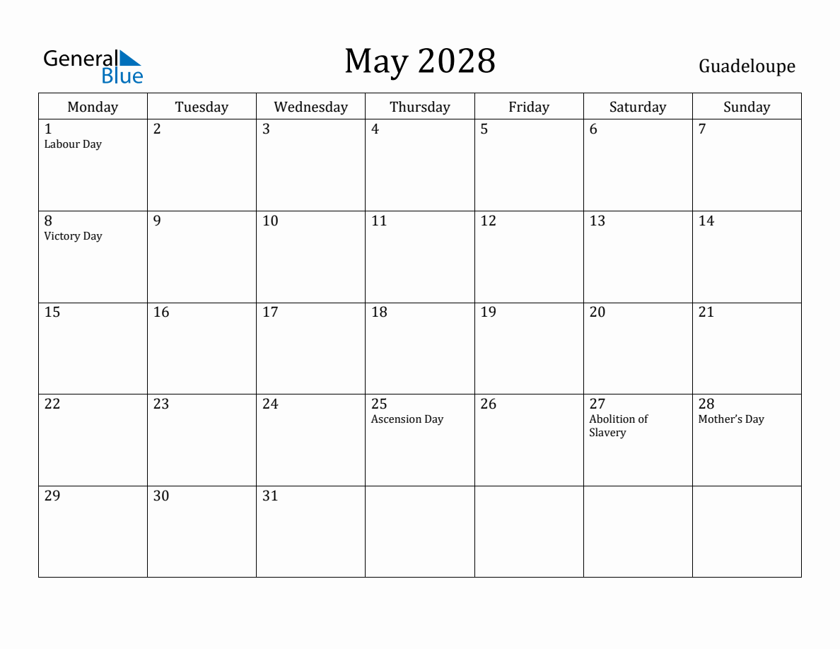 May 2028 Monthly Calendar with Guadeloupe Holidays (Monday Start)