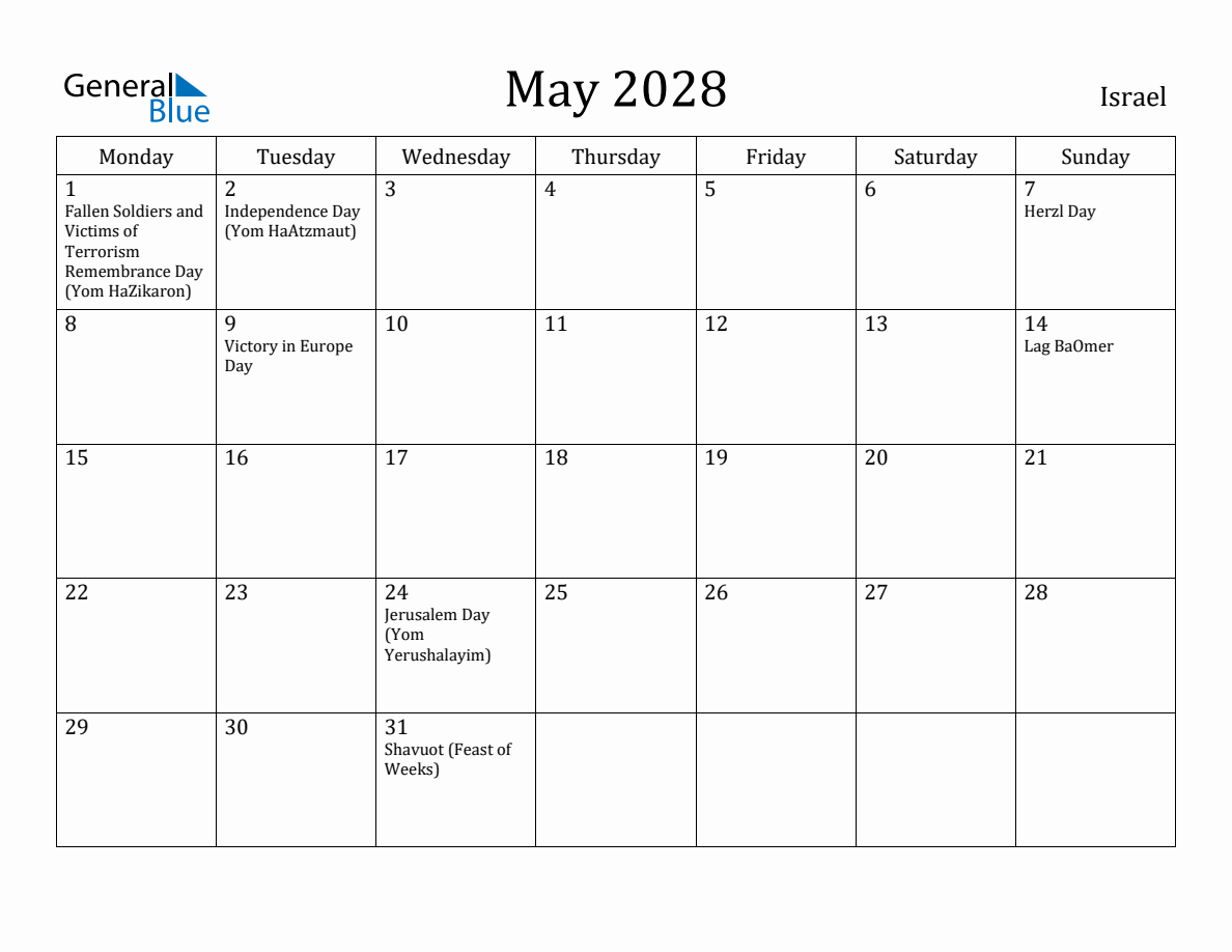 Israel Monthly Calendar - May 2028 (Monday Start)