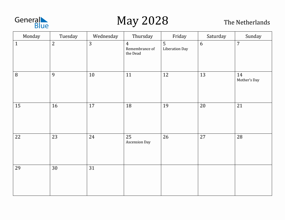 The Netherlands Monthly Calendar - May 2028 (Monday Start)