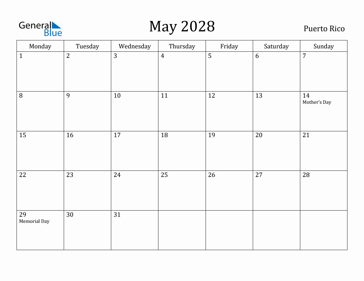 Puerto Rico Monthly Calendar - May 2028 (Monday Start)