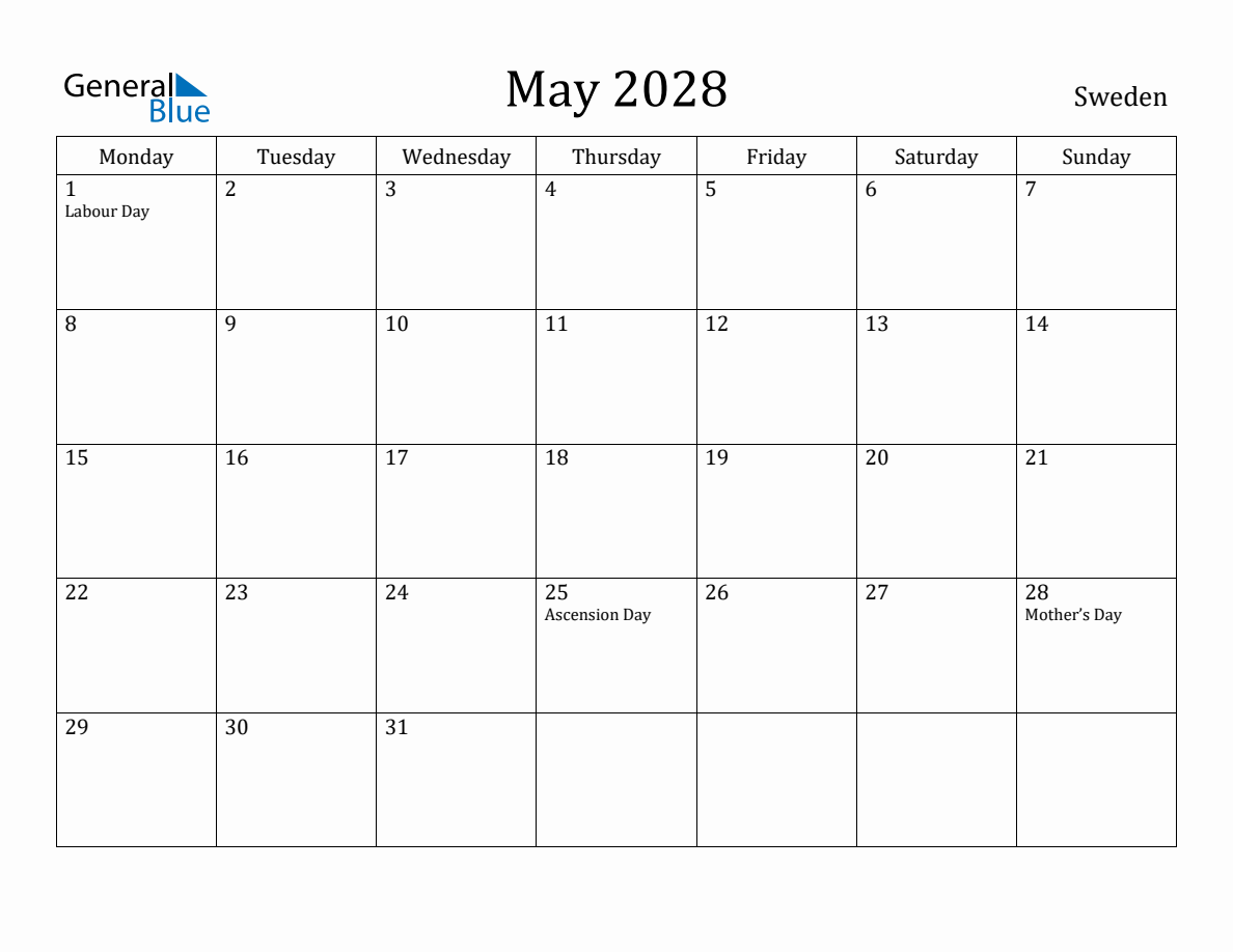 Sweden Monthly Calendar - May 2028 (Monday Start)