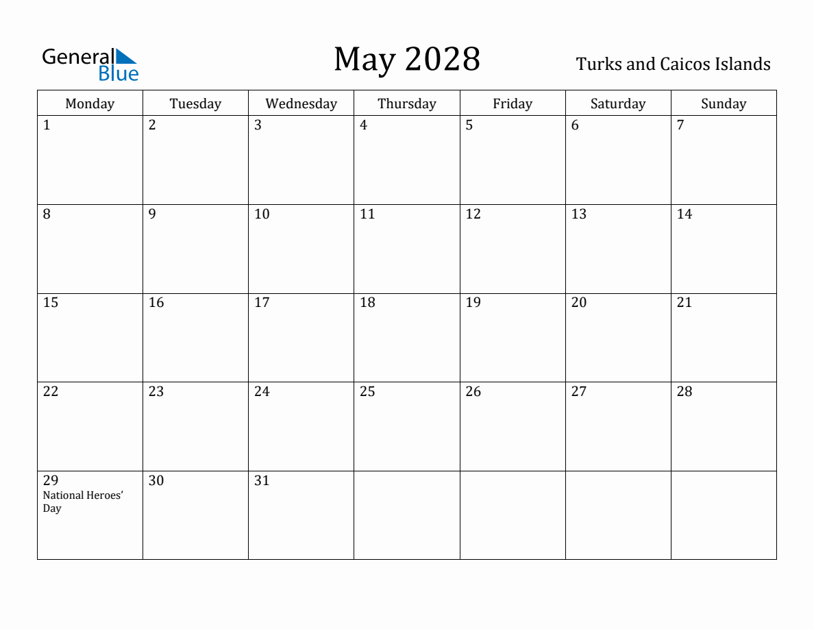 May 2028 Monthly Calendar with Turks and Caicos Islands Holidays ...