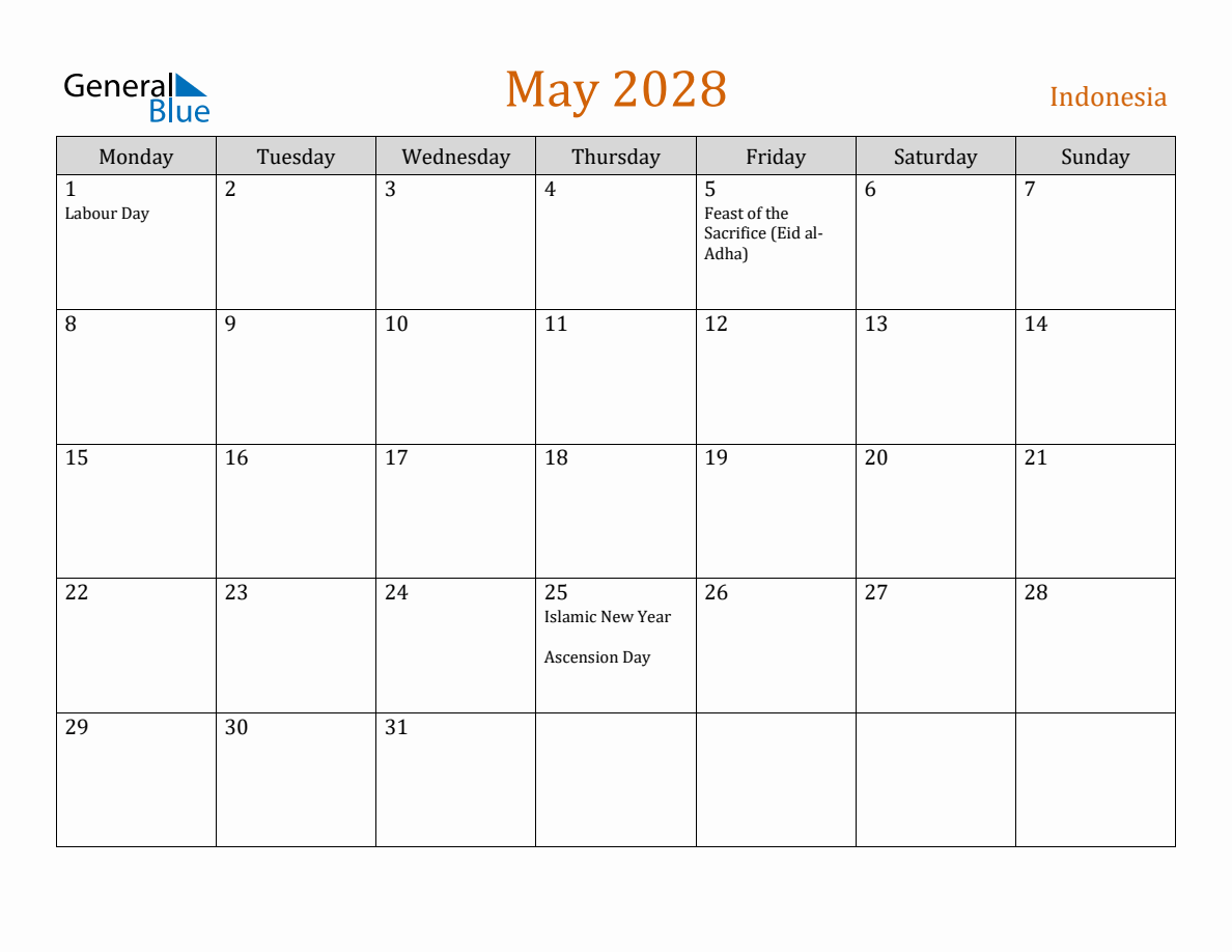 Free May 2028 Indonesia Calendar (Monday Start)