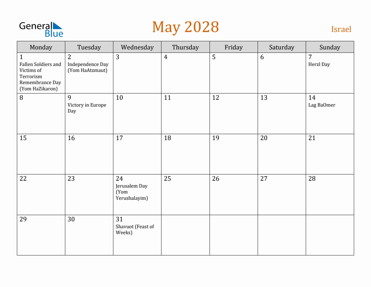 Free May 2028 Israel Calendar (Monday Start)