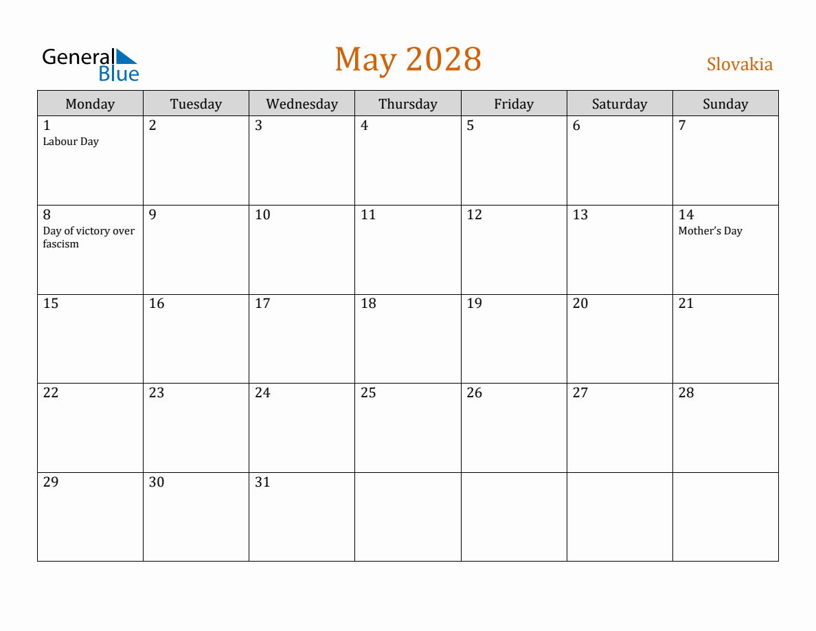 Free May 2028 Slovakia Calendar (Monday Start)