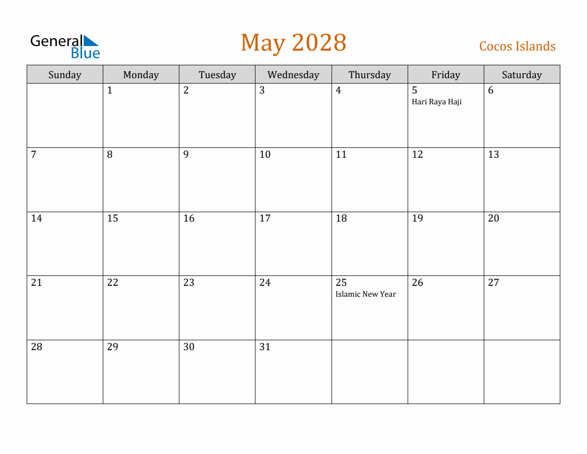 Free May 2028 Cocos Islands Calendar