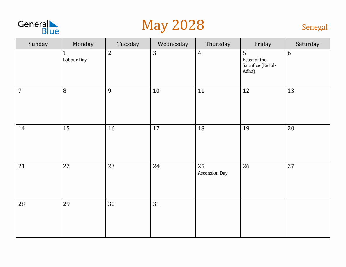 Free May 2028 Senegal Calendar