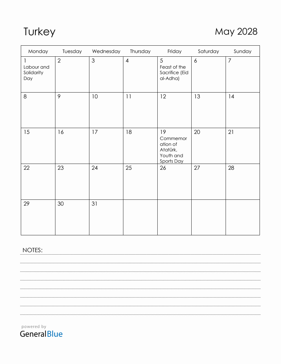 May 2028 Turkey Calendar with Holidays