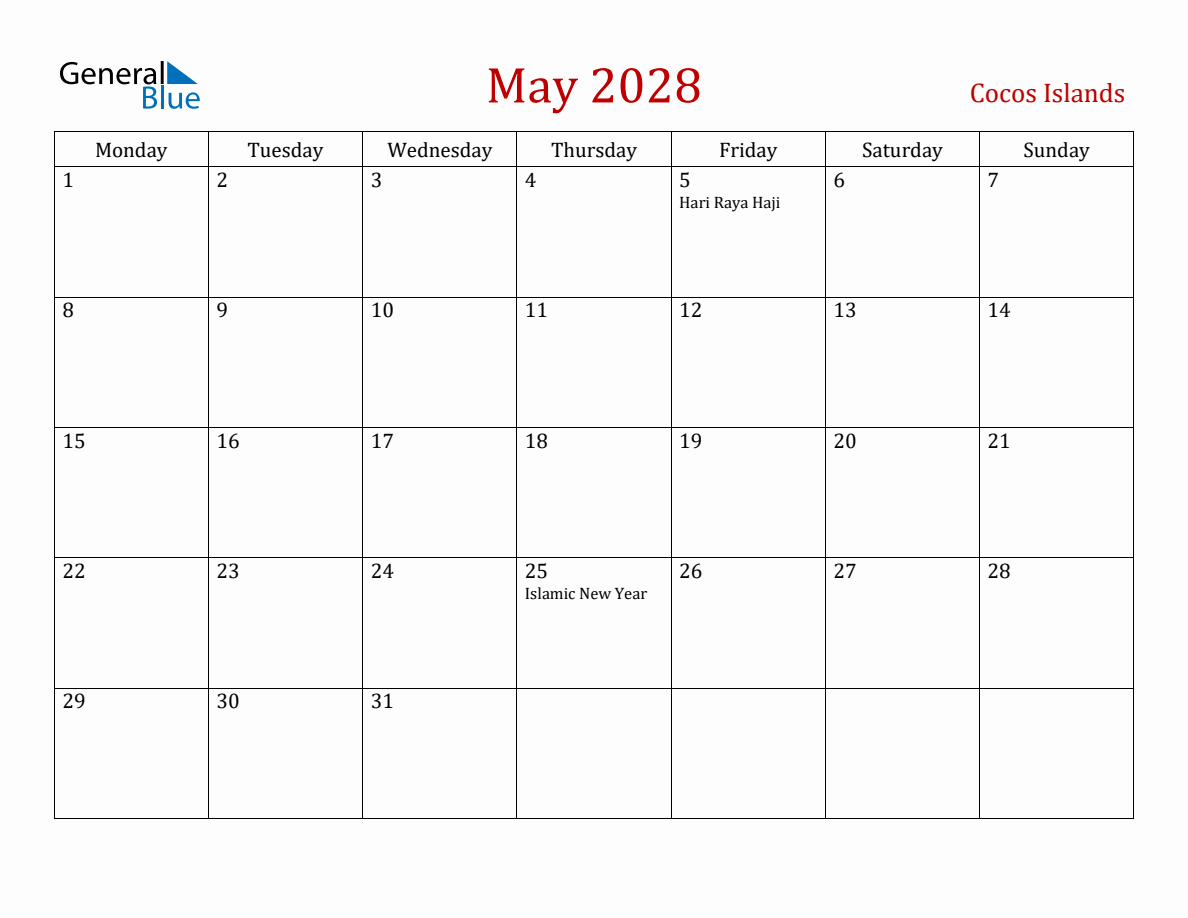 May 2028 Cocos Islands Monthly Calendar with Holidays