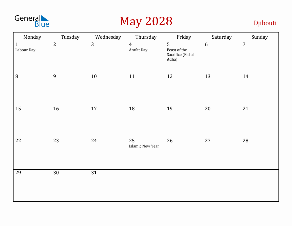May 2028 Djibouti Monthly Calendar with Holidays (Monday Start)
