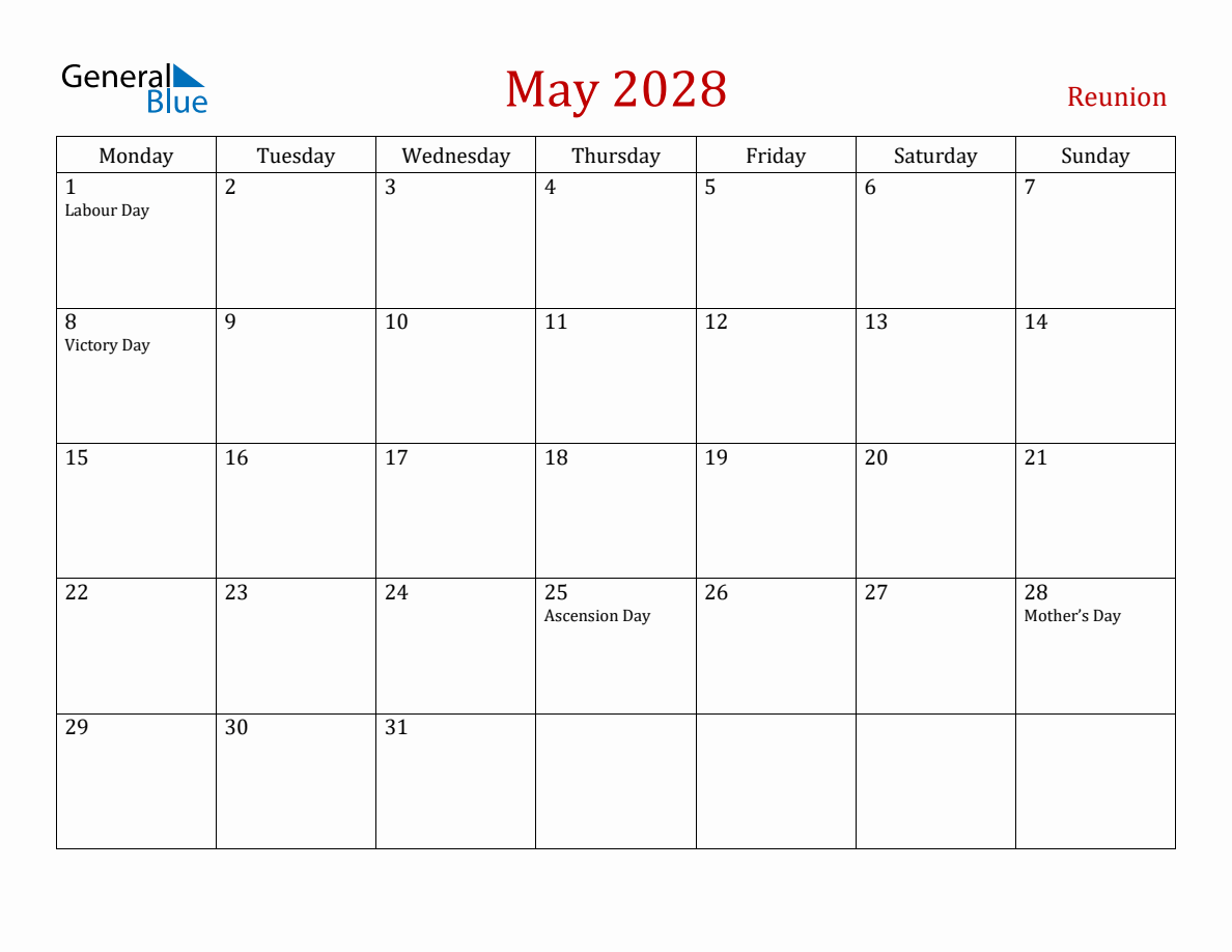 May 2028 Reunion Monthly Calendar with Holidays