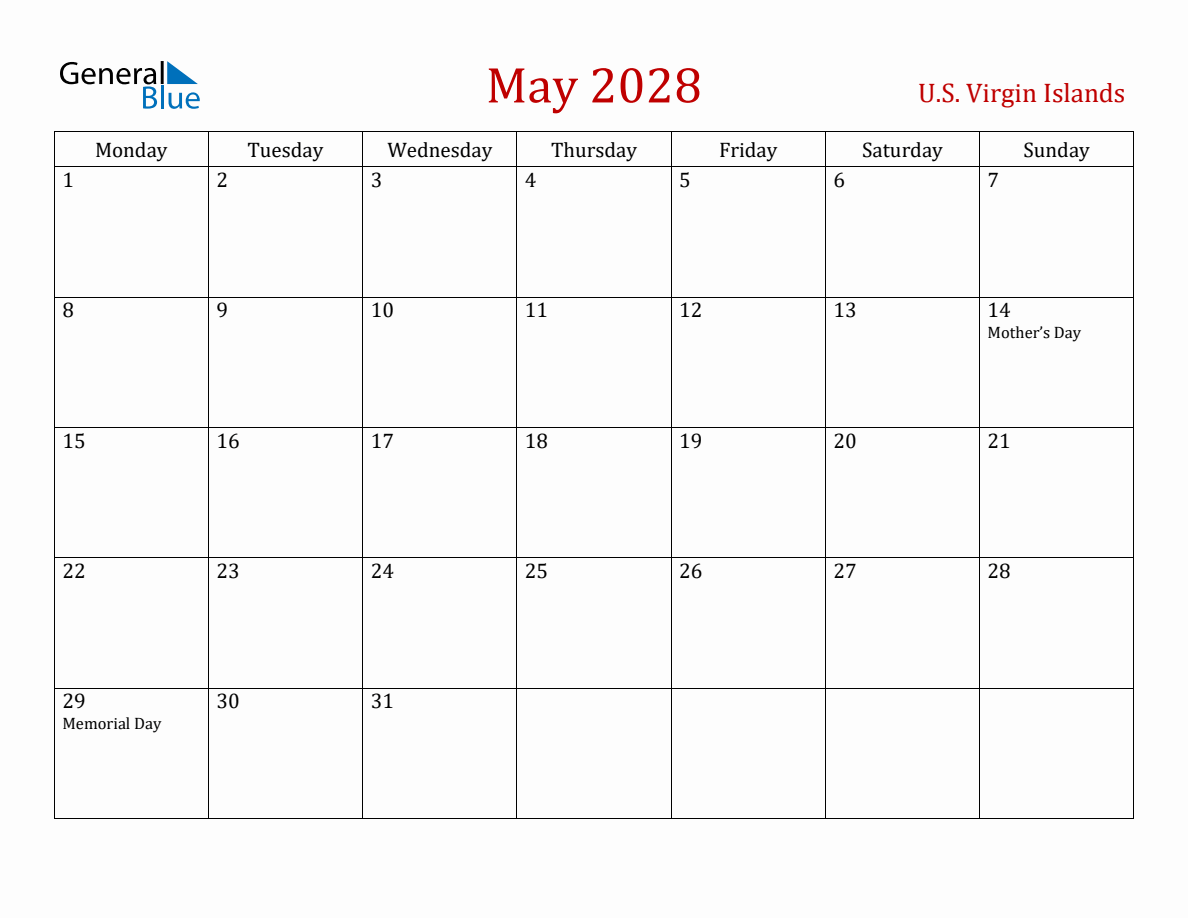 May 2028 U.S. Virgin Islands Monthly Calendar with Holidays (Monday Start)