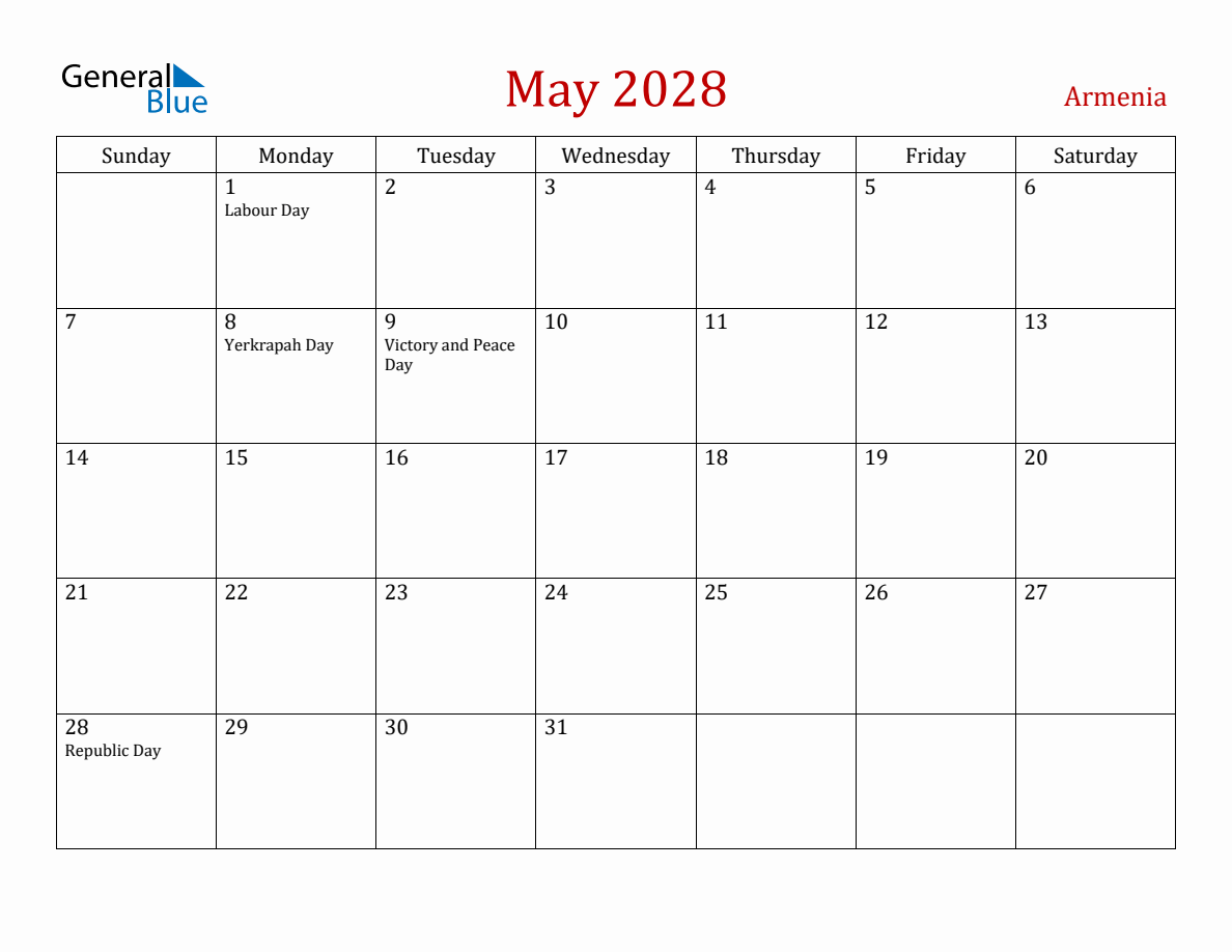 May 2028 Armenia Monthly Calendar with Holidays