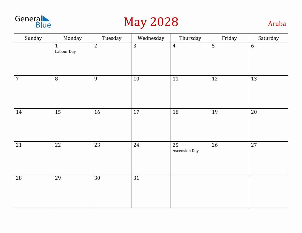 May 2028 Aruba Monthly Calendar with Holidays