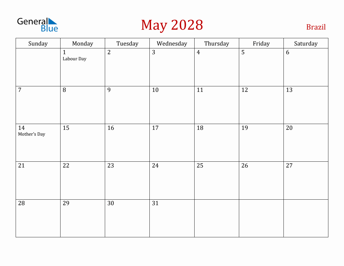 May 2028 Brazil Monthly Calendar with Holidays