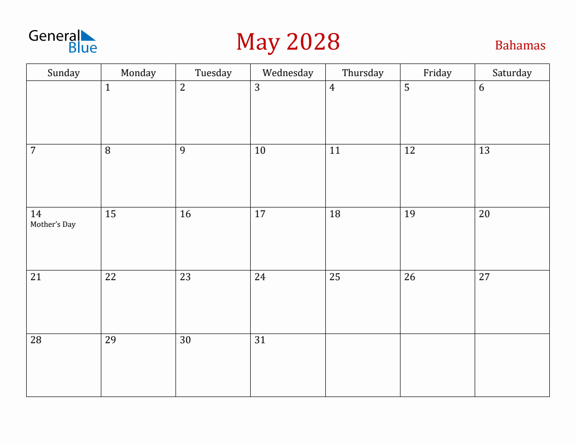 May 2028 Bahamas Monthly Calendar with Holidays