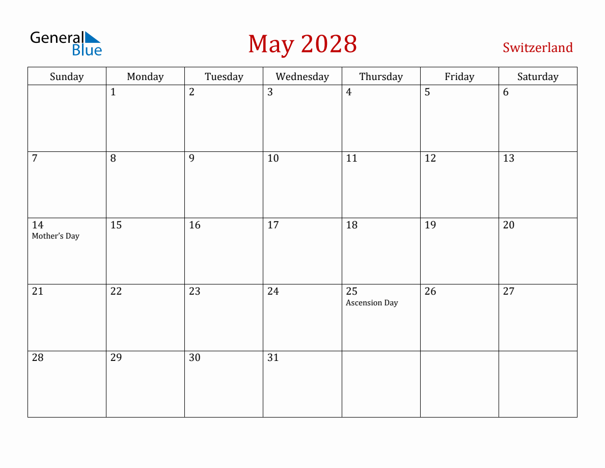 May 2028 Switzerland Monthly Calendar with Holidays