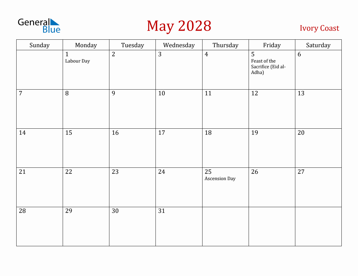 May 2028 Ivory Coast Monthly Calendar with Holidays
