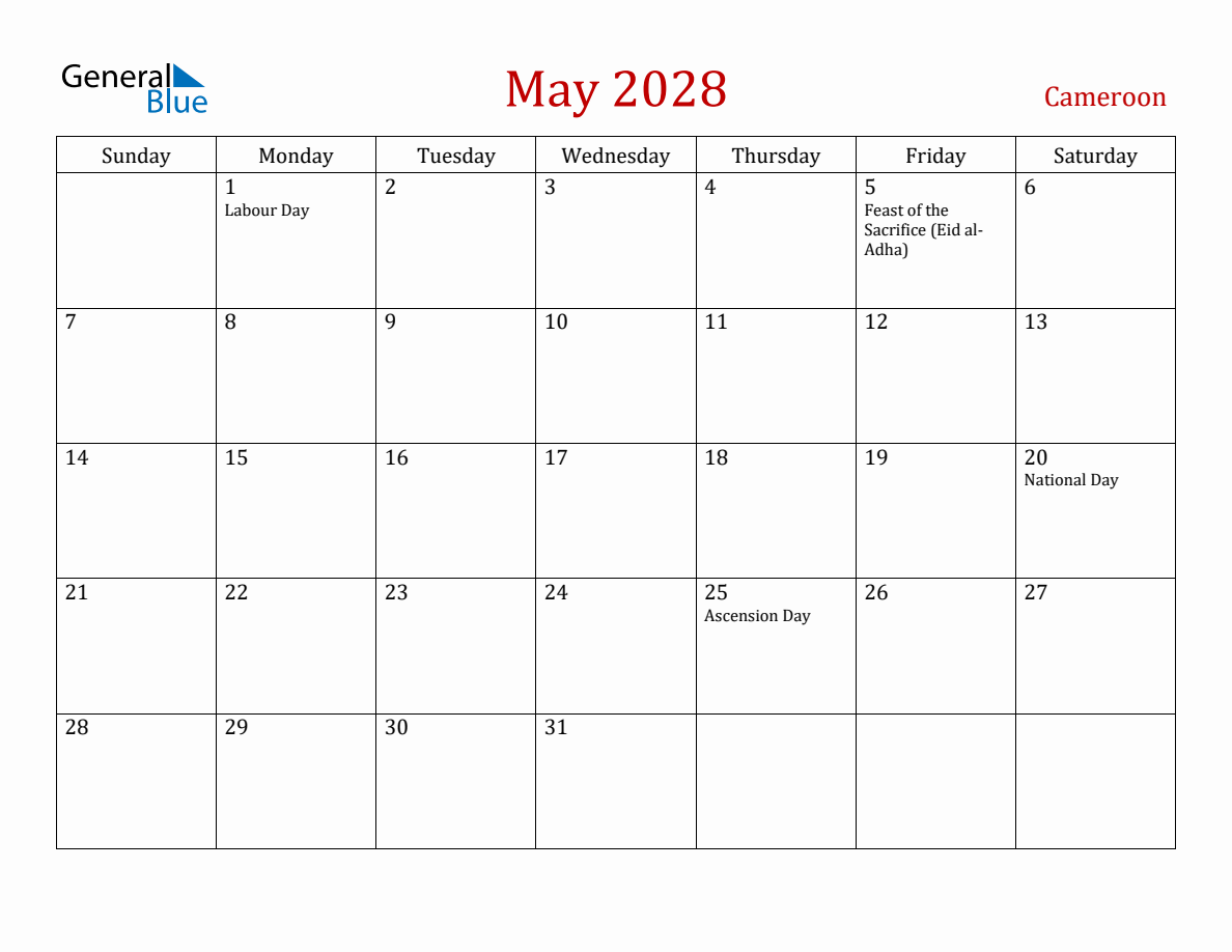 May 2028 Cameroon Monthly Calendar with Holidays