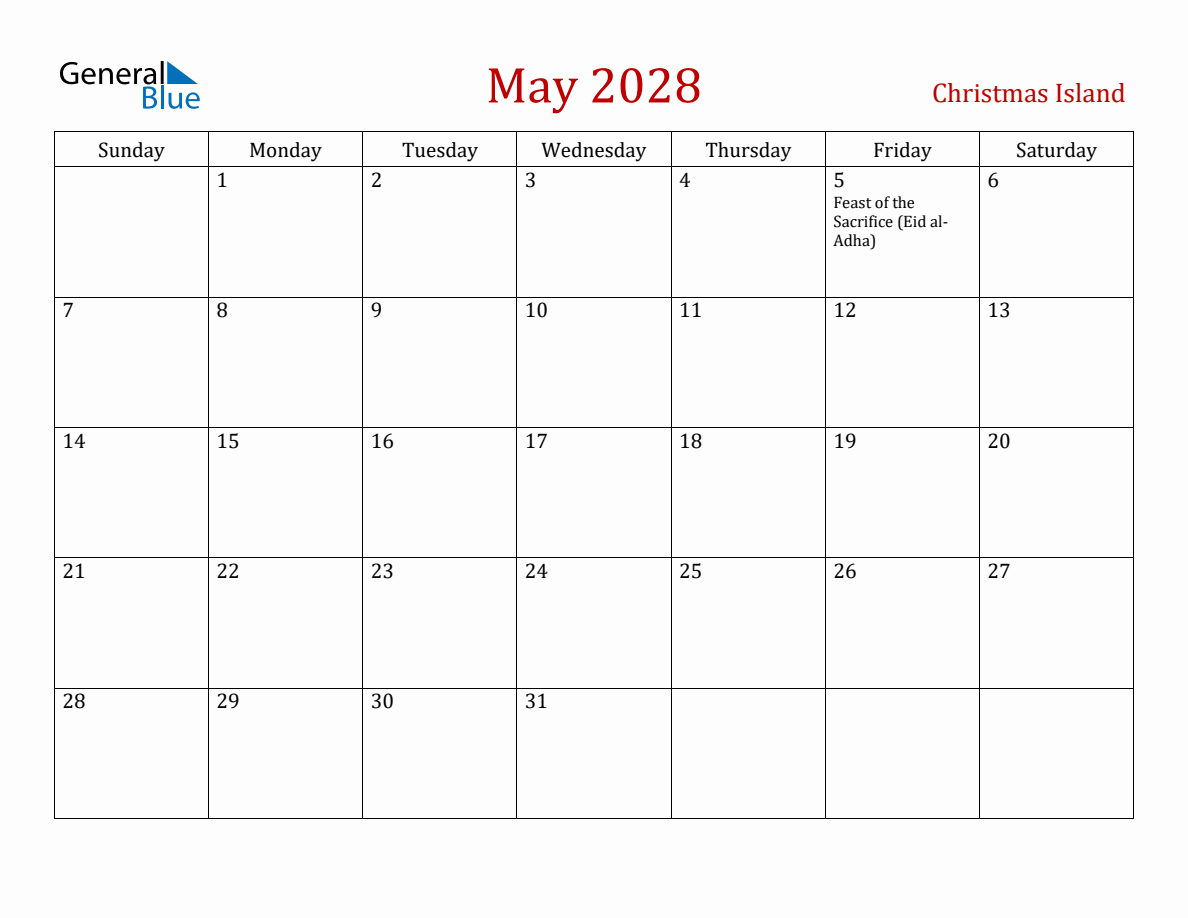 May 2028 Christmas Island Monthly Calendar with Holidays