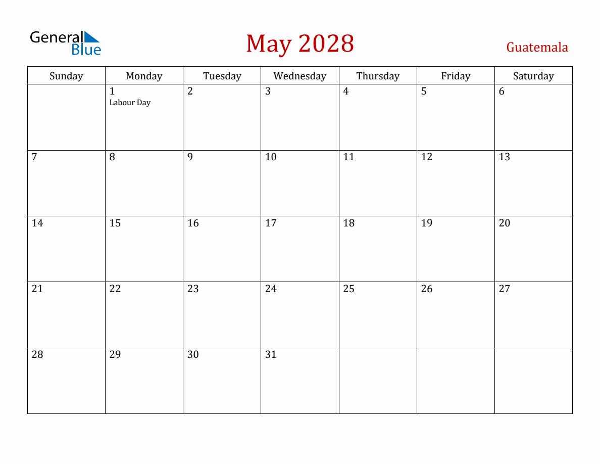 May 2028 Guatemala Monthly Calendar with Holidays