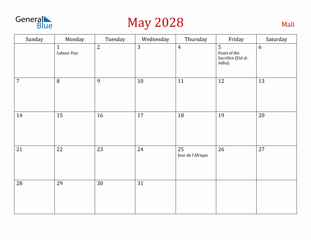 May 2028 Mali Monthly Calendar with Holidays