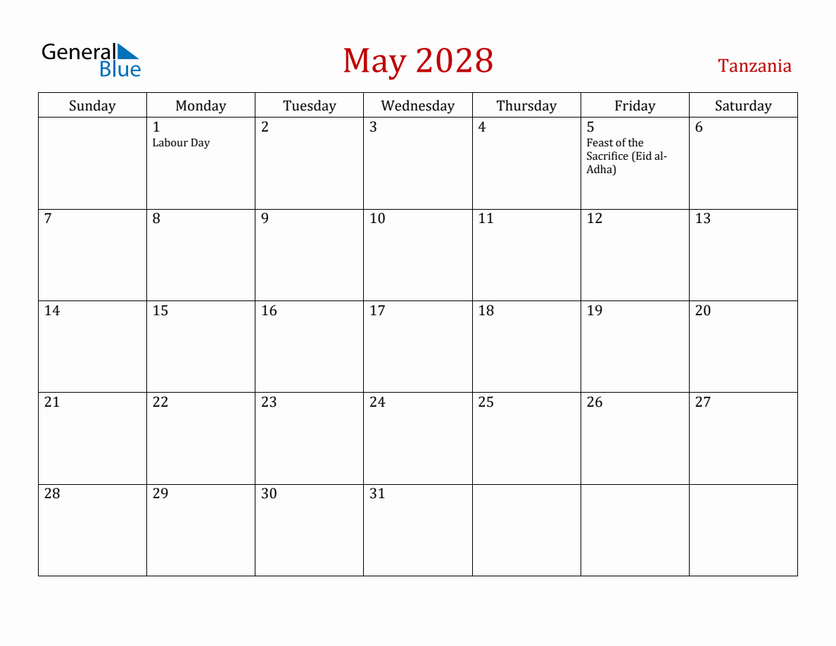 May 2028 Tanzania Monthly Calendar with Holidays