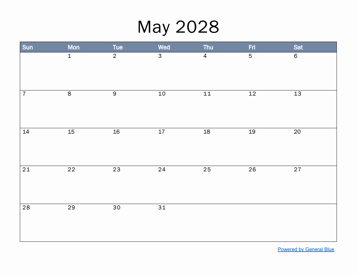 Monthly Calendar Template for May 2028