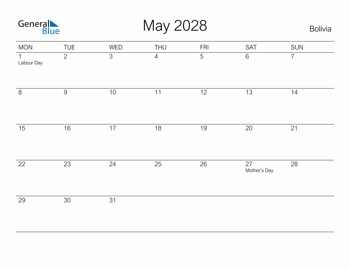 Printable May 2028 Monthly Calendar with Holidays for Bolivia (Monday ...
