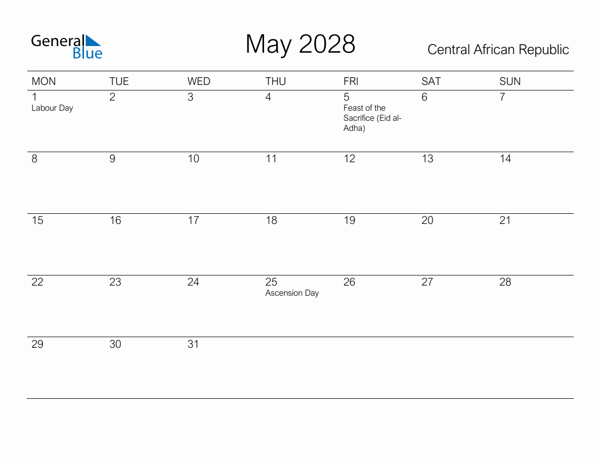 Printable May 2028 Monthly Calendar with Holidays for Central African ...