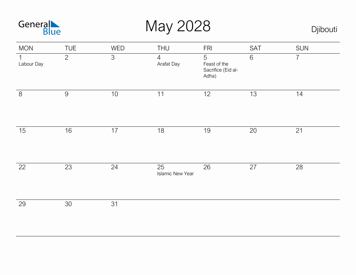 Printable May 2028 Monthly Calendar with Holidays for Djibouti (Monday ...