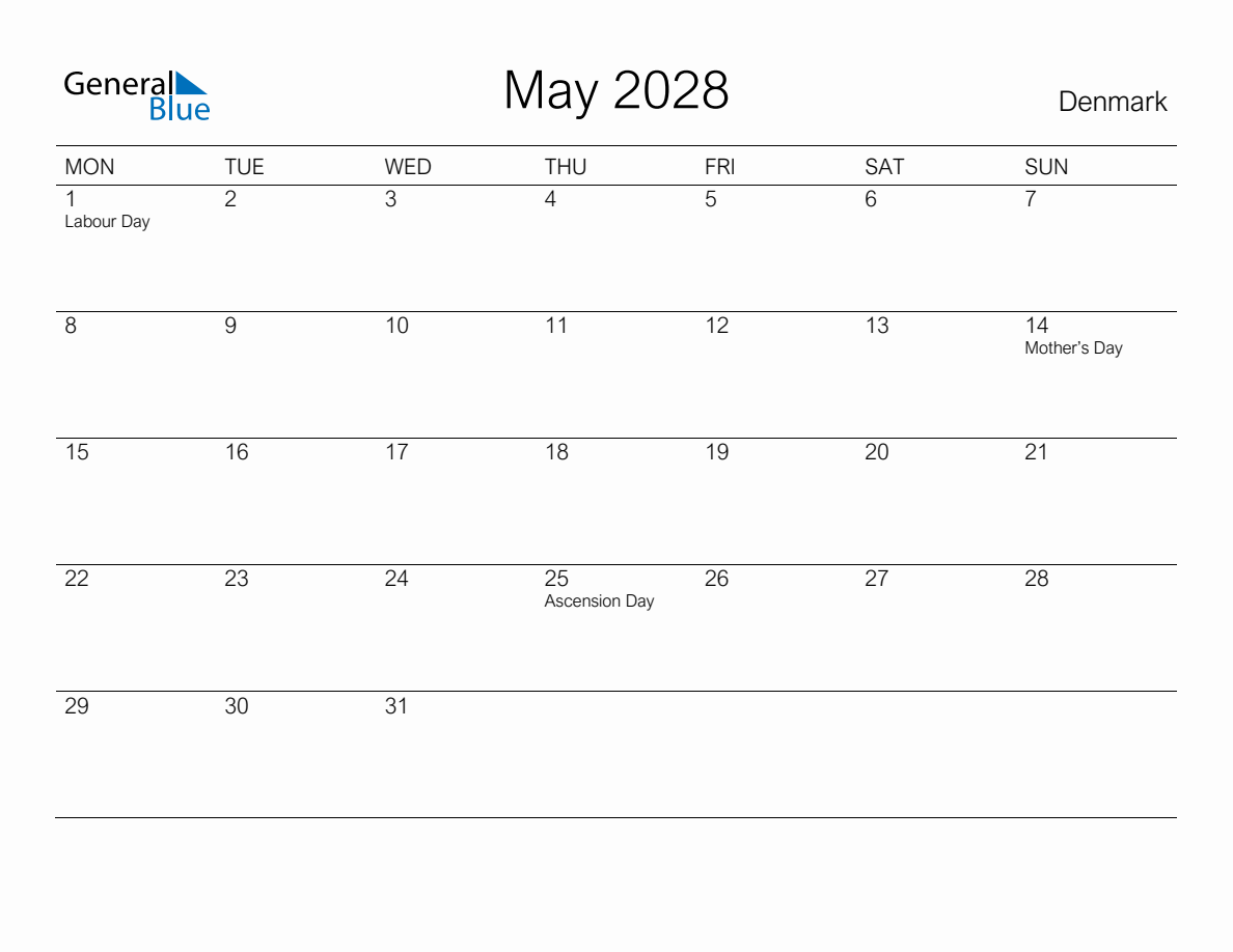Printable May 2028 Monthly Calendar with Holidays for Denmark (Monday ...