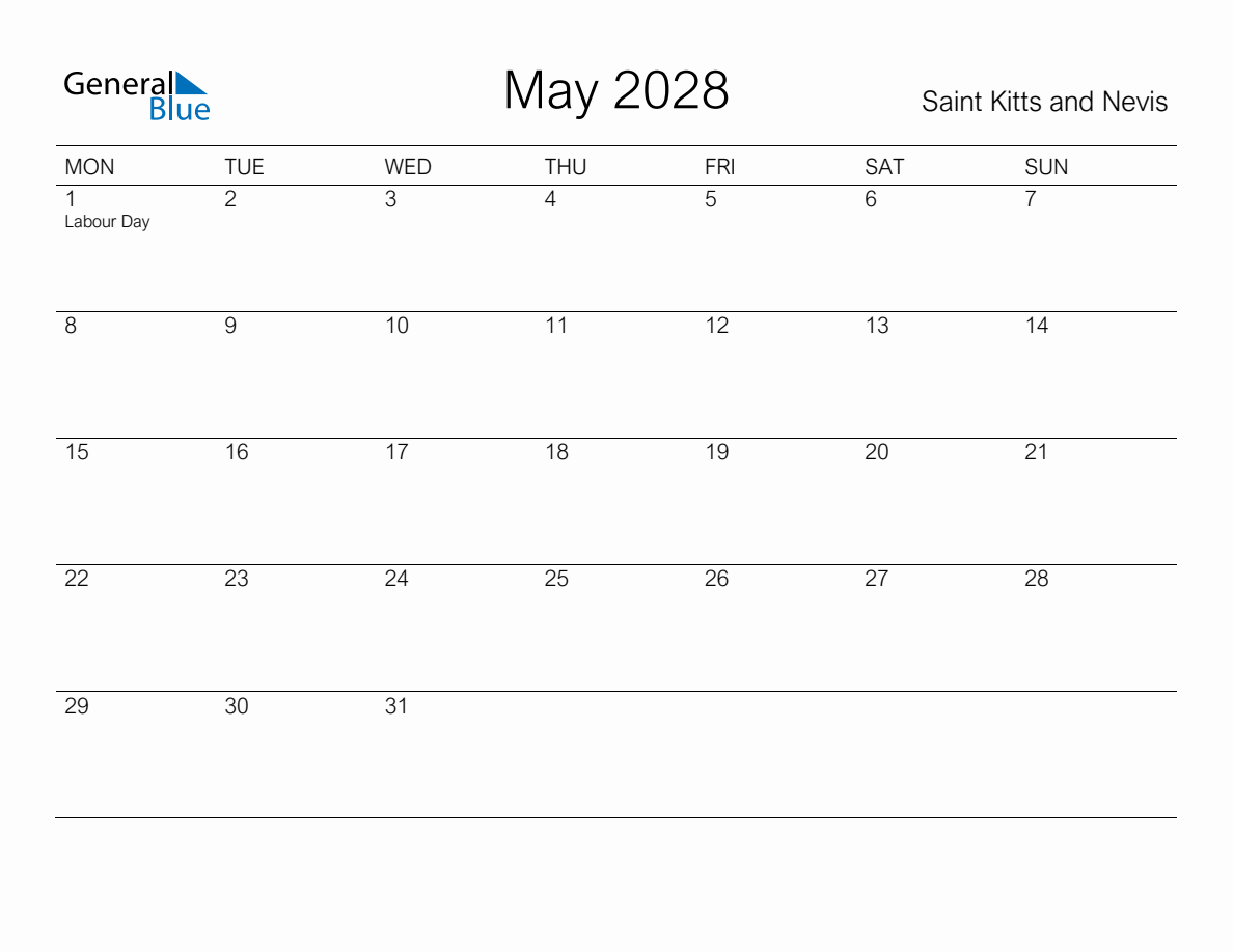 Printable May 2028 Monthly Calendar with Holidays for Saint Kitts and ...