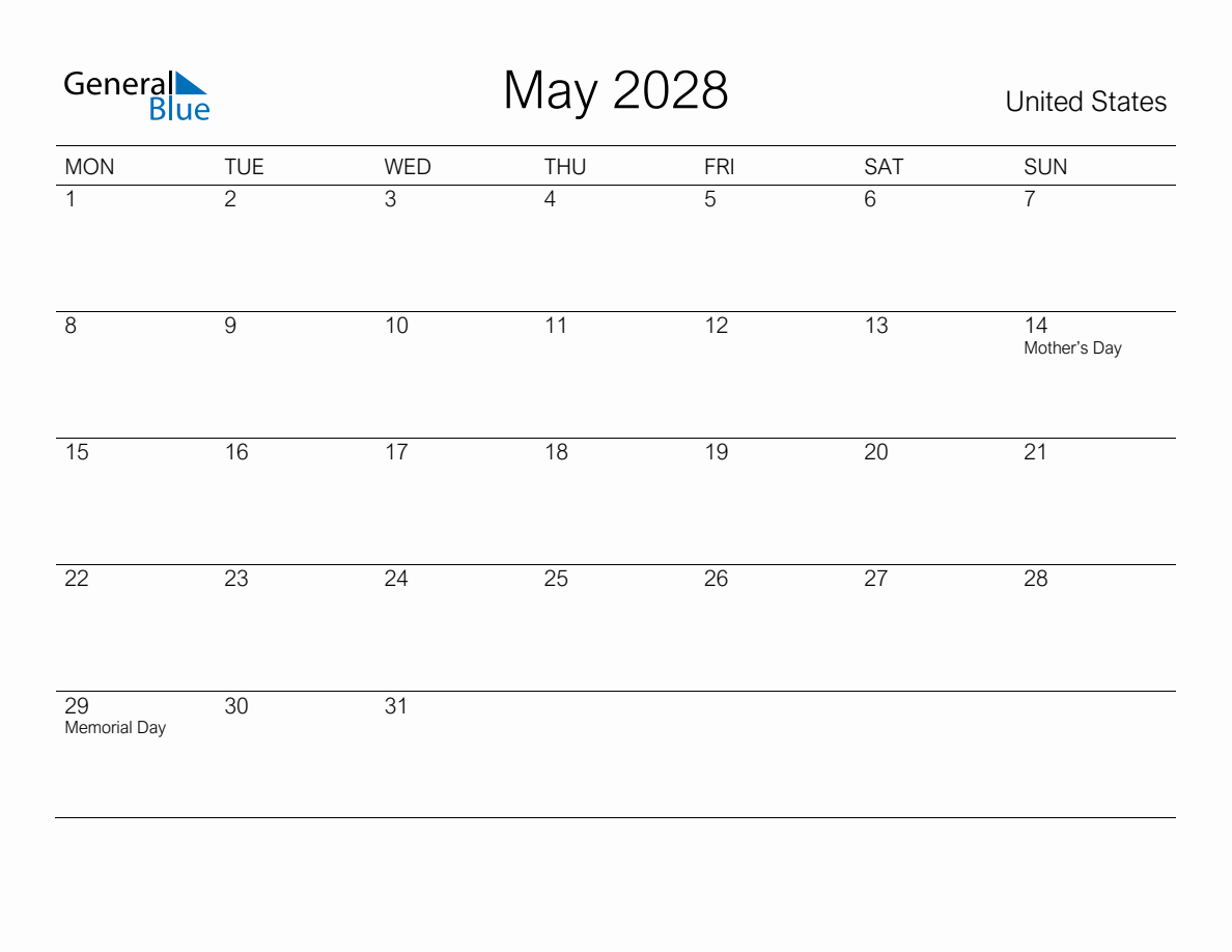Printable May 2028 Monthly Calendar with Holidays for United States ...