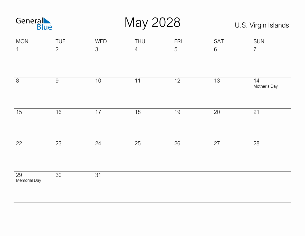 Printable May 2028 Monthly Calendar with Holidays for U.S. Virgin ...