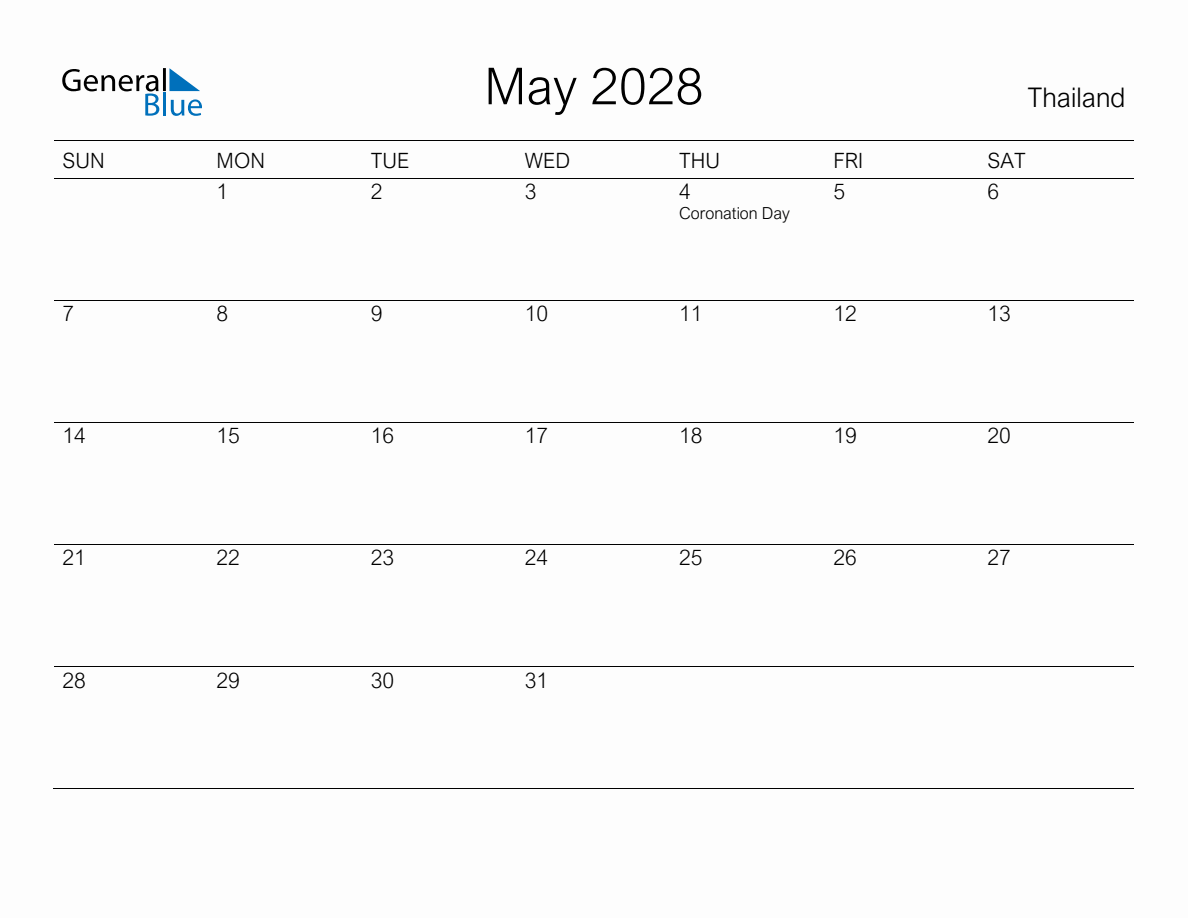 Printable May 2028 Monthly Calendar with Holidays for Thailand